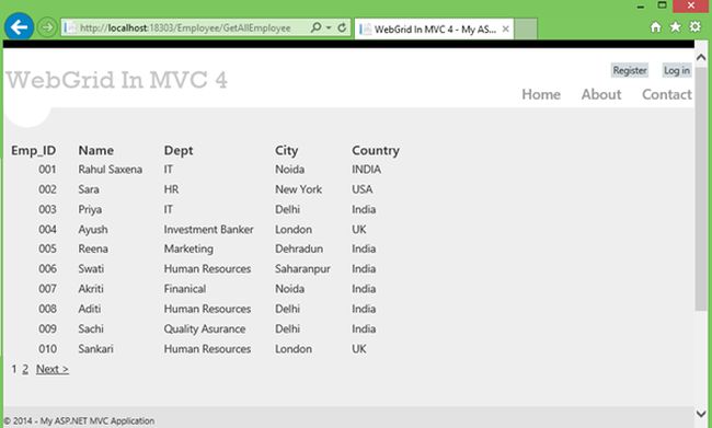 Web Grid In Mvc 4 Application Using Ado